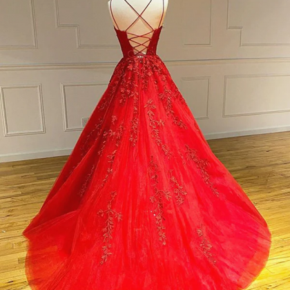 Backless Red Lace Prom Dresses, Red Backless Lace Formal Evening ...