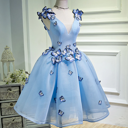 A Line V Neck Short Blue Prom Dresses With Butterfly, Short Blue Formal ...