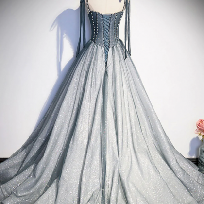 A Line Gray Long Prom Dresses, Tulle Gray Formal Graduation Dress With ...