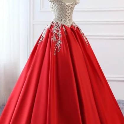 Red Cap Sleeves Ball Gowns Lace Satin Prom Dresses Evening Dresses on ...