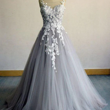 Silver Grey A Line Lace Formal Evening Dresses Appliques Tulle Long ...