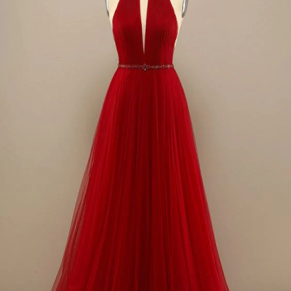 Red Pleated Long Chiffon Prom Dress on Luulla
