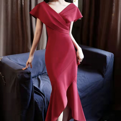 Burgundy V-neck High Low Prom Dress Party Dress on Luulla