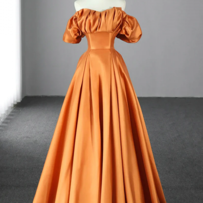 Orange Satin A Line Floor Length Prom Dress, Off The Shoulder Evening ...