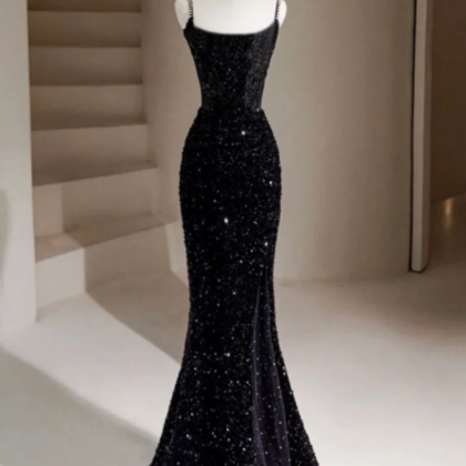 Black Mermaid Sequins Long Prom Dresses, Black Long Mermaid Formal Evening Dresses on Luulla