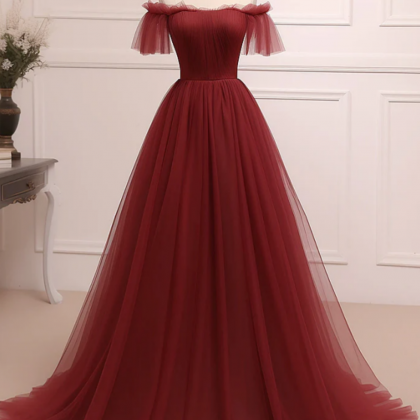 A Line Burgundy Tulle Long Prom Dress, Burgundy Long Evening Dress on ...