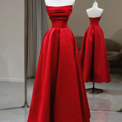 Red Satin Simple Long Party Dress, Red Satin Prom Dress Evening Dress ...