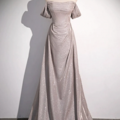 Grey Sequins Ruffle Long Party Dress, Off The Shoulder Short Sleeve ...