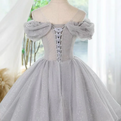 A Line Scoop Neckline Off Shoulder Tulle Gray Short Prom Dress With ...