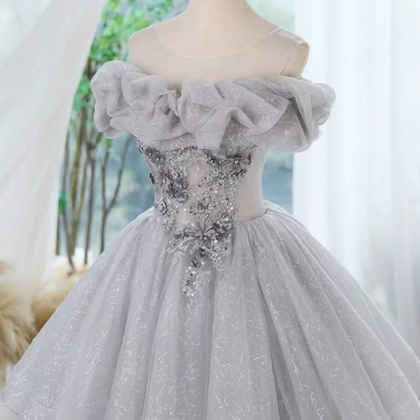 A Line Scoop Neckline Off Shoulder Tulle Gray Short Prom Dress With ...