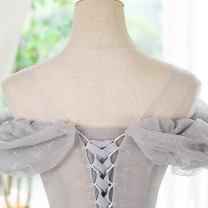 A Line Scoop Neckline Off Shoulder Tulle Gray Short Prom Dress With ...