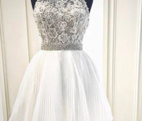 White Homecoming Dress With Lace And Beading High Neck Short Prom Dress ...