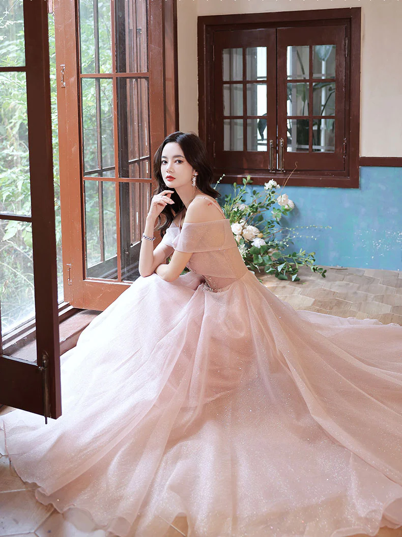 Pink Tulle Off Shoulder Lace Long Prom Dress, Pink Tulle Evening Dress ...
