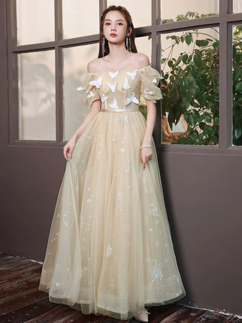 Champagne Tulle Lace Long Prom Dress, Champagne Tulle Formal Dress on ...
