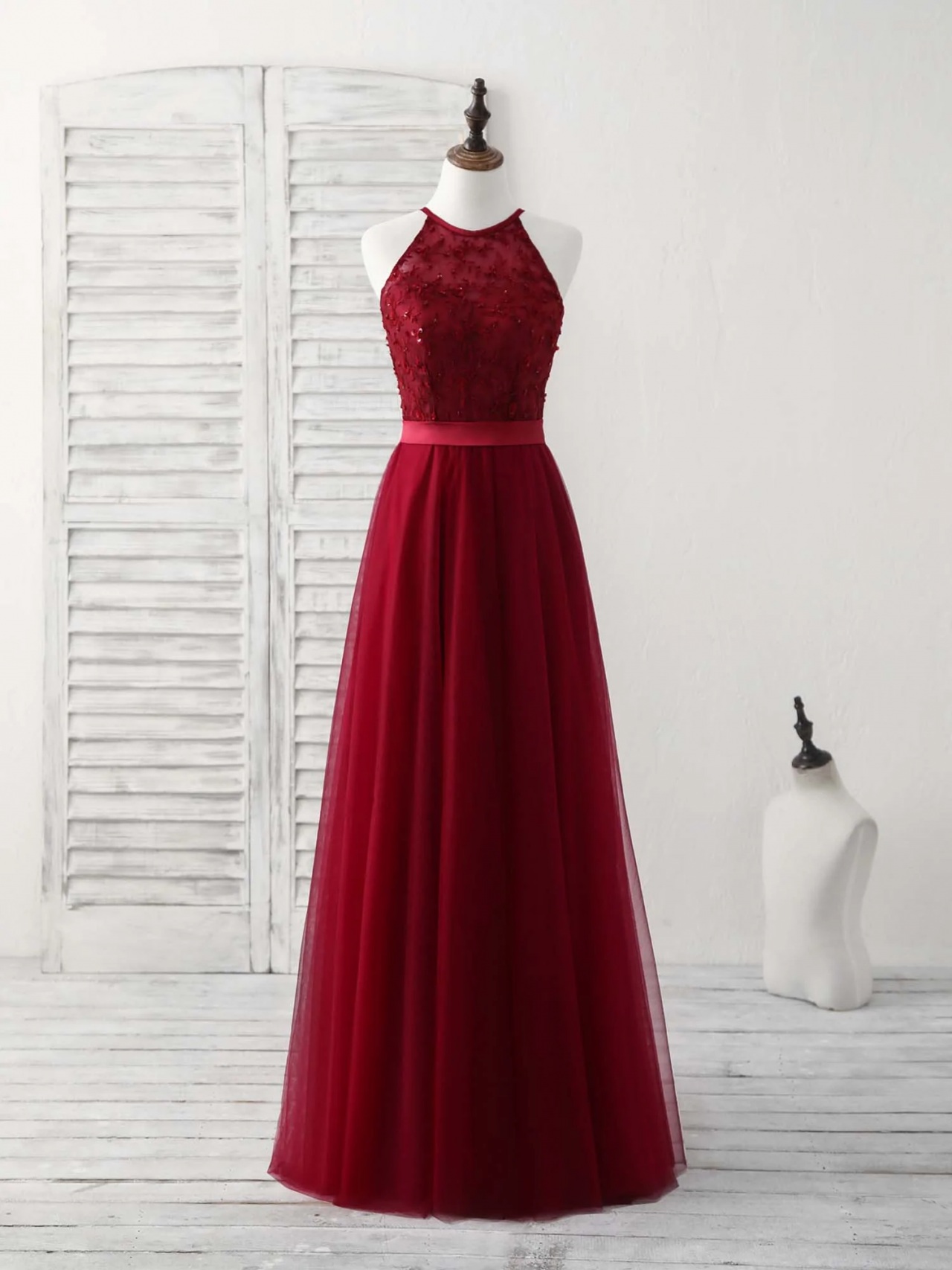 Burgundy Tulle Lace Long Prom Dress, Burgundy Bridesmaid Dress on Luulla