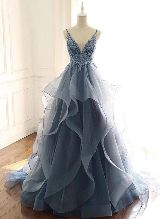Spaghetti Straps A Line V Neck Prom Dress With Lace On Luulla