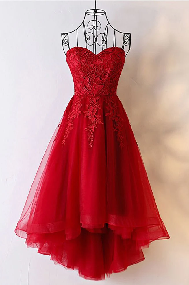 Unique Sweetheart Red High Low Lace Up Back Tulle Prom Dress With ...