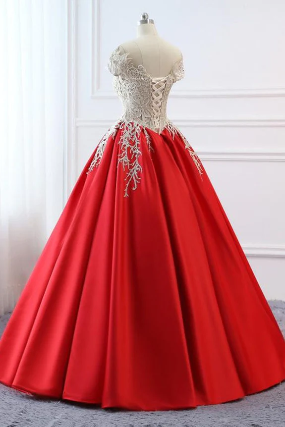 Red Cap Sleeves Ball Gowns Lace Satin Prom Dresses Evening Dresses on ...