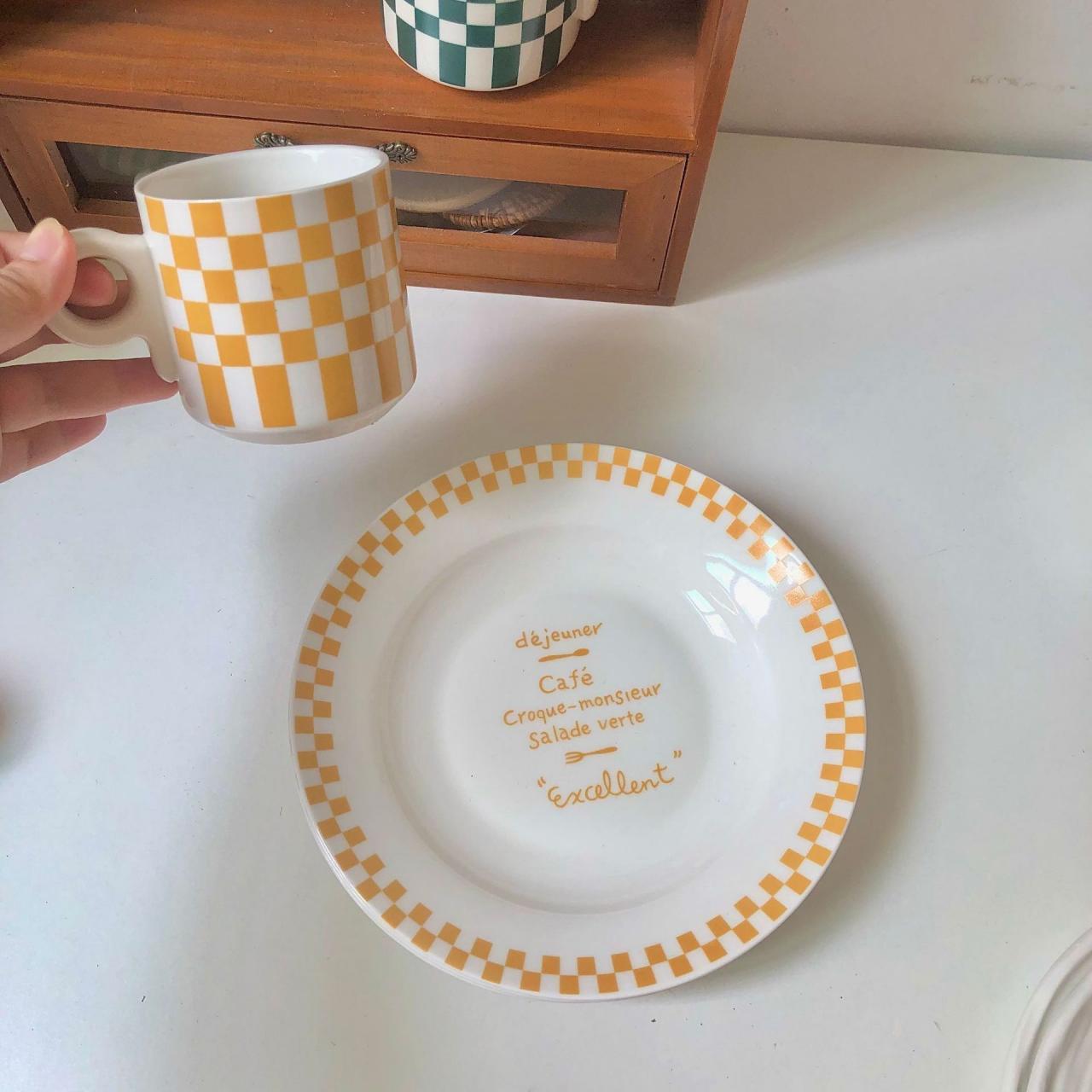 Korean Style Checkerboard Plate Ceramic Household Dishes Creative Plaid ...