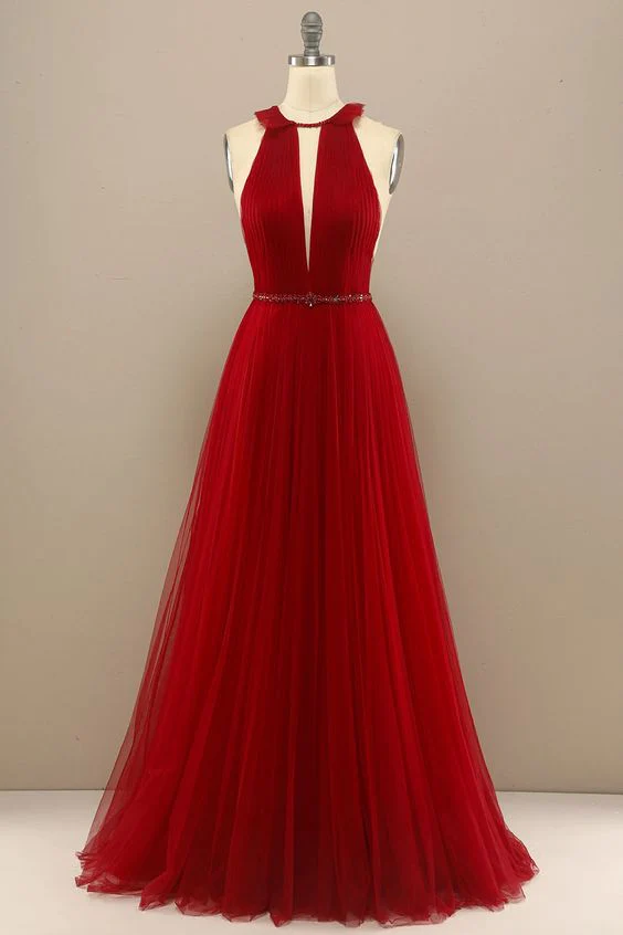 Red Pleated Long Chiffon Prom Dress on Luulla