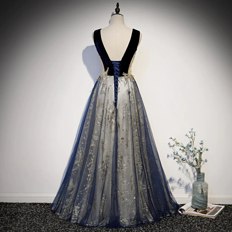Beautiful Blue Velvet And Lace Tulle Long Low Back Party Dress, Blue A ...