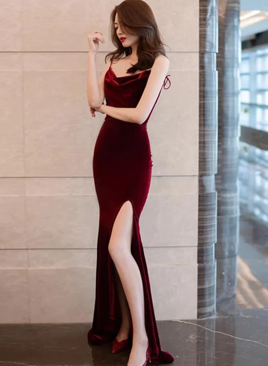 Burgundy Velvet Sexy Mermaid Slit Long Evening Dress, Backless Prom ...