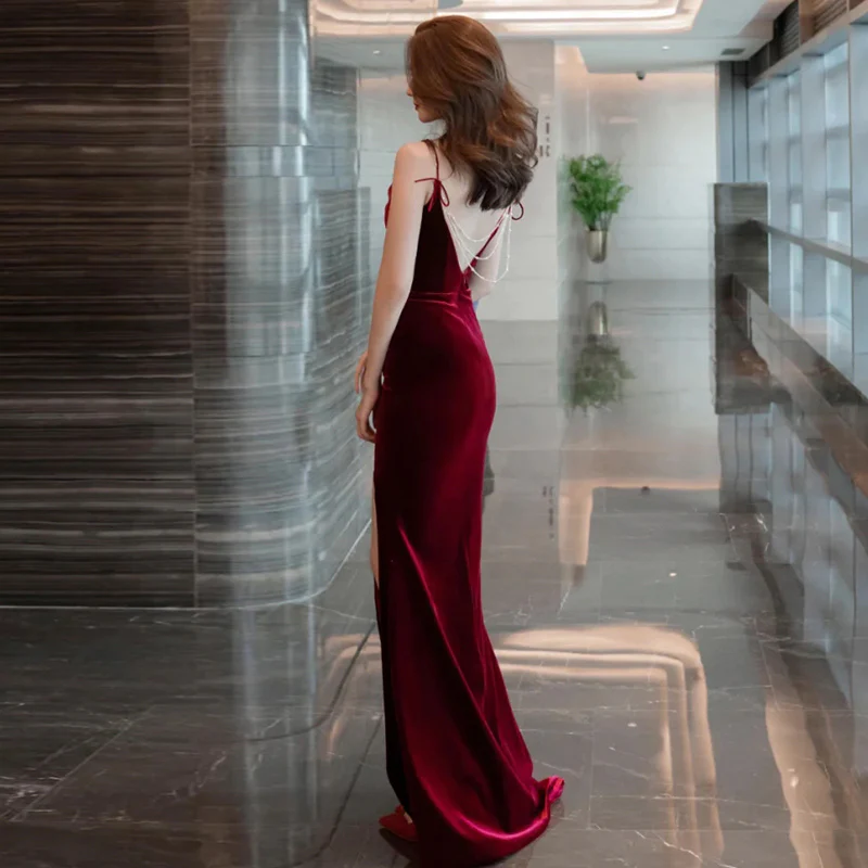 Burgundy Velvet Sexy Mermaid Slit Long Evening Dress, Backless Prom ...