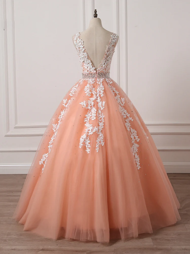 Charming Coral Princess V-neckline Formal Dress, Lace Applique Beaded ...