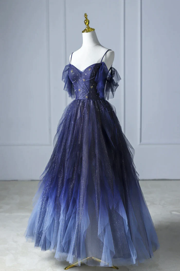 Blue Gradient Tulle Long Prom Dress, Beautiful Spaghetti Strap Evening ...
