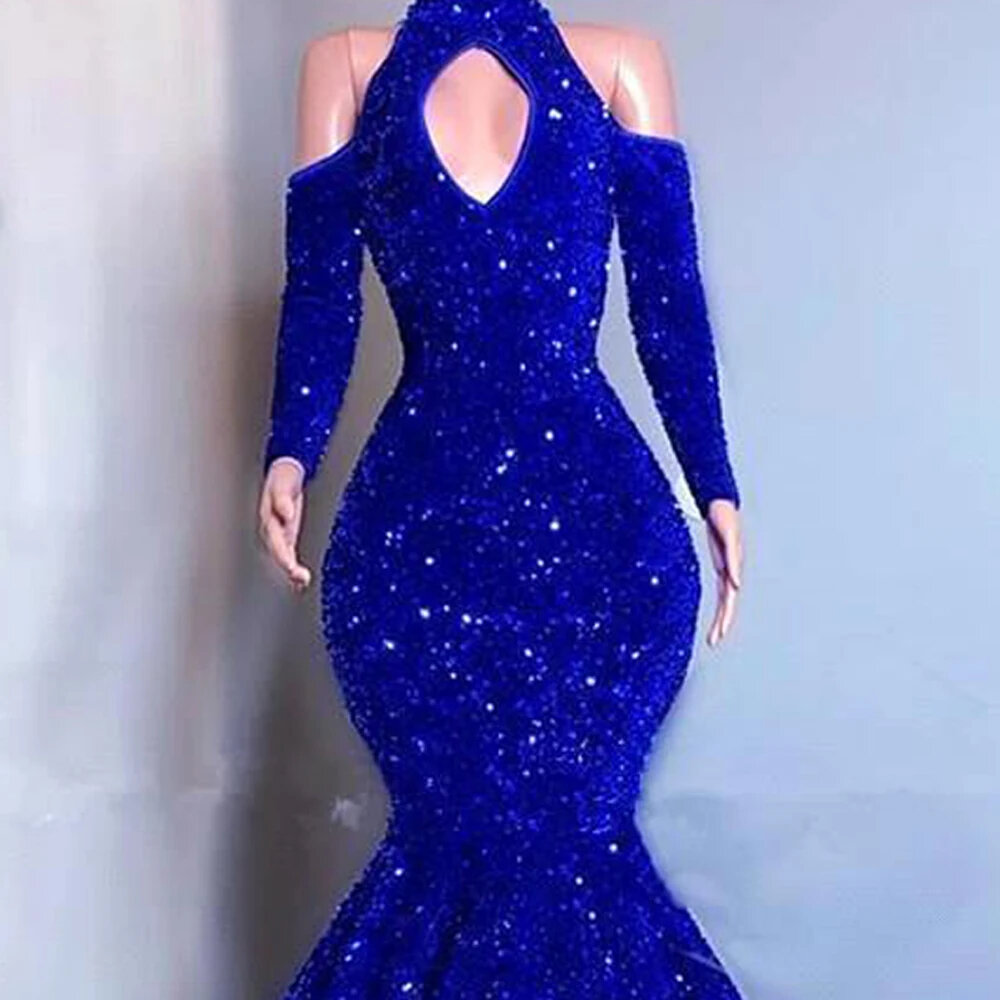 Dubai Luxury Royal Blue Sequined Women Evening Dresses Cut Out Mermaid ...
