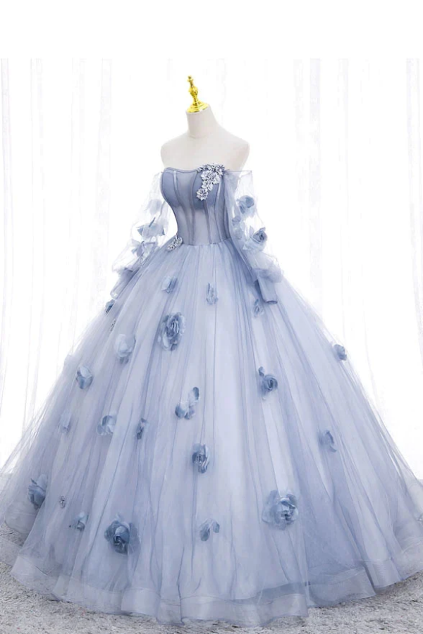 Off The Shoulder Blue Tulle Prom Dress With Flowers, Princess ...