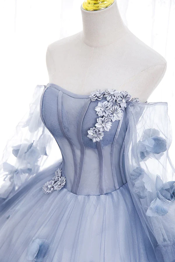 Off The Shoulder Blue Tulle Prom Dress With Flowers, Princess ...