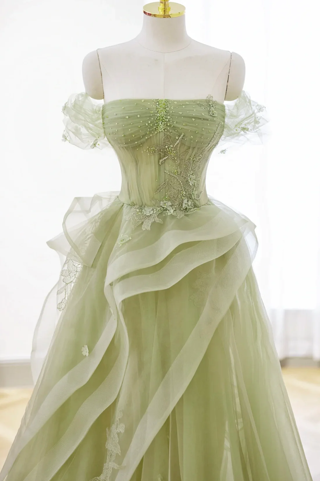 Enchanted Forest Green Tulle Gown With Delicate Embroidery And Sheer ...