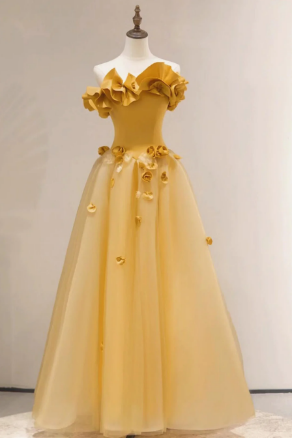 Strapless Yellow Floral Long Prom Dresses, Strapless Yellow Long Formal ...