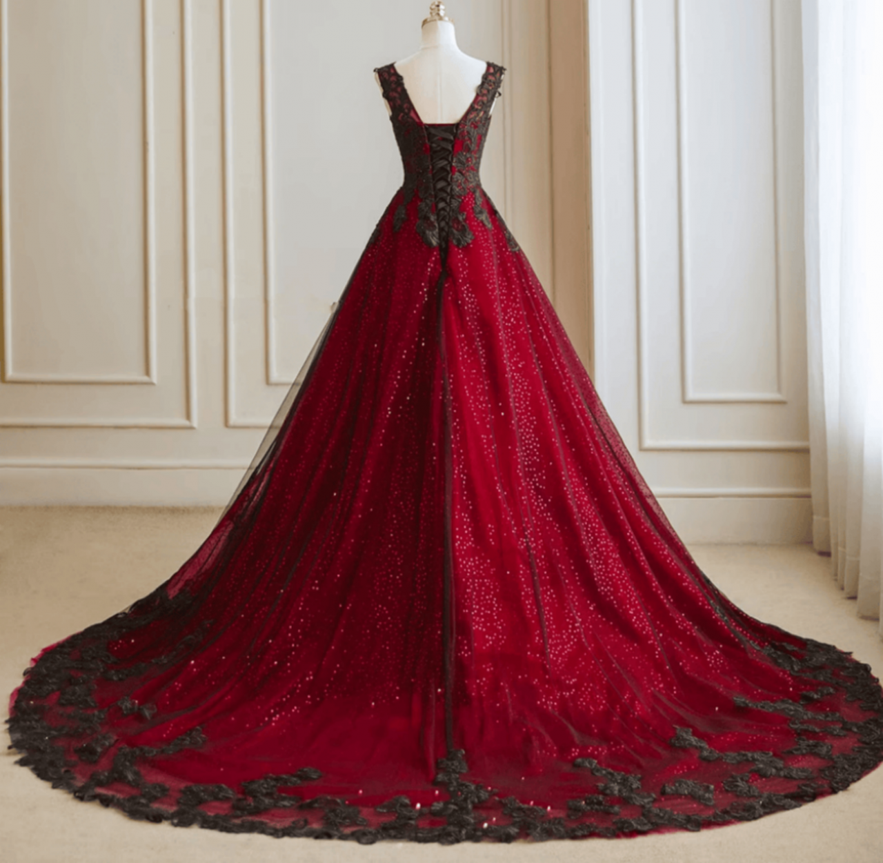 Black And Red V Neckline Tulle Long Formal Dress, Black And Red Party ...
