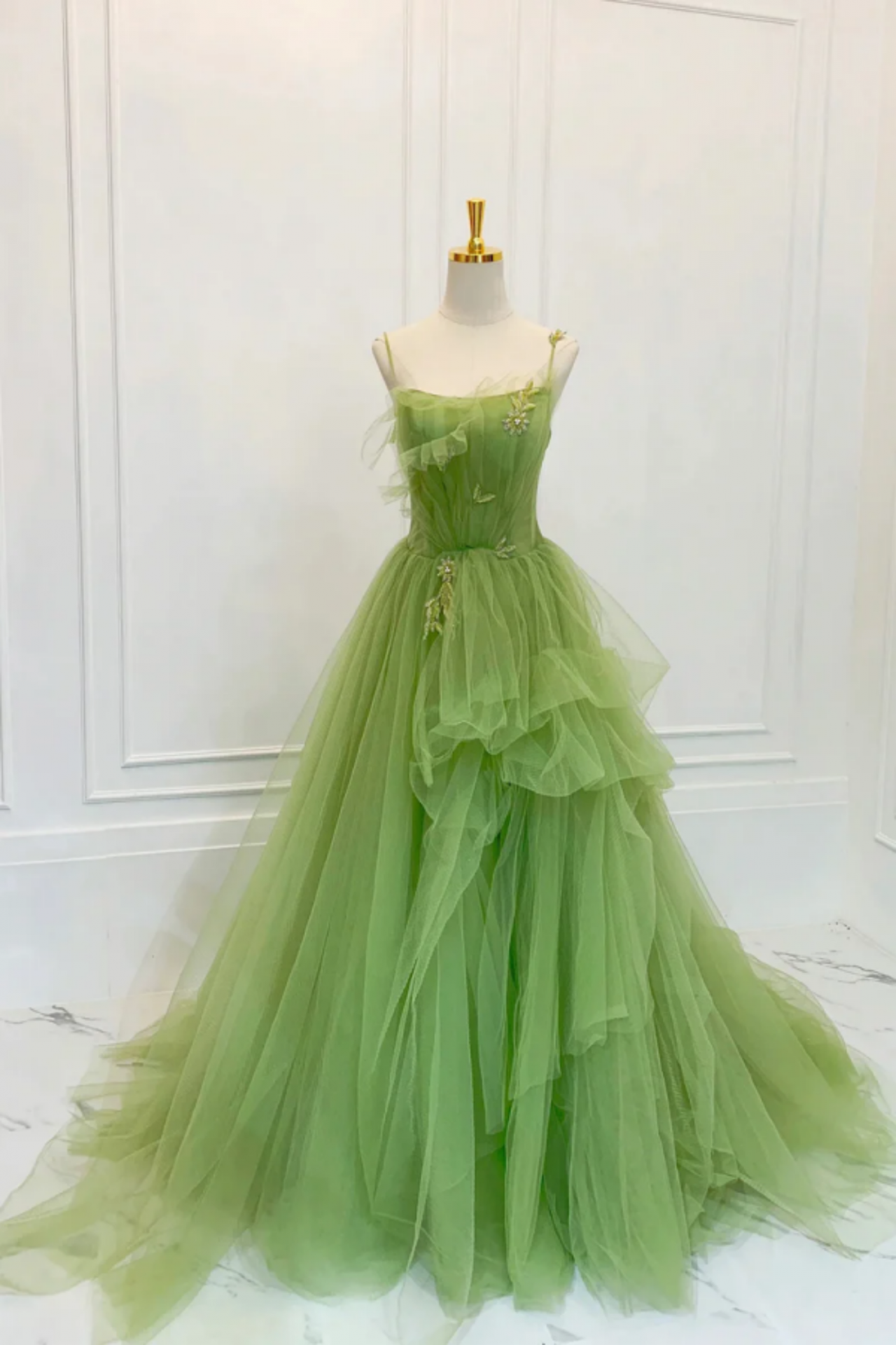 Green Spaghetti Strap Tulle Long Prom Dress, Beautiful A Line Evening ...