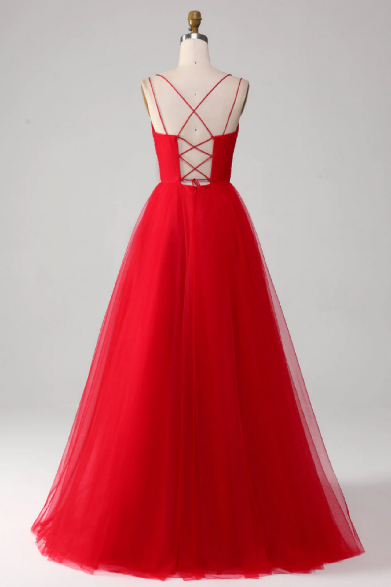 Red Ball Gown Princess V Neck Tulle Pleated Long Prom Dress on Luulla