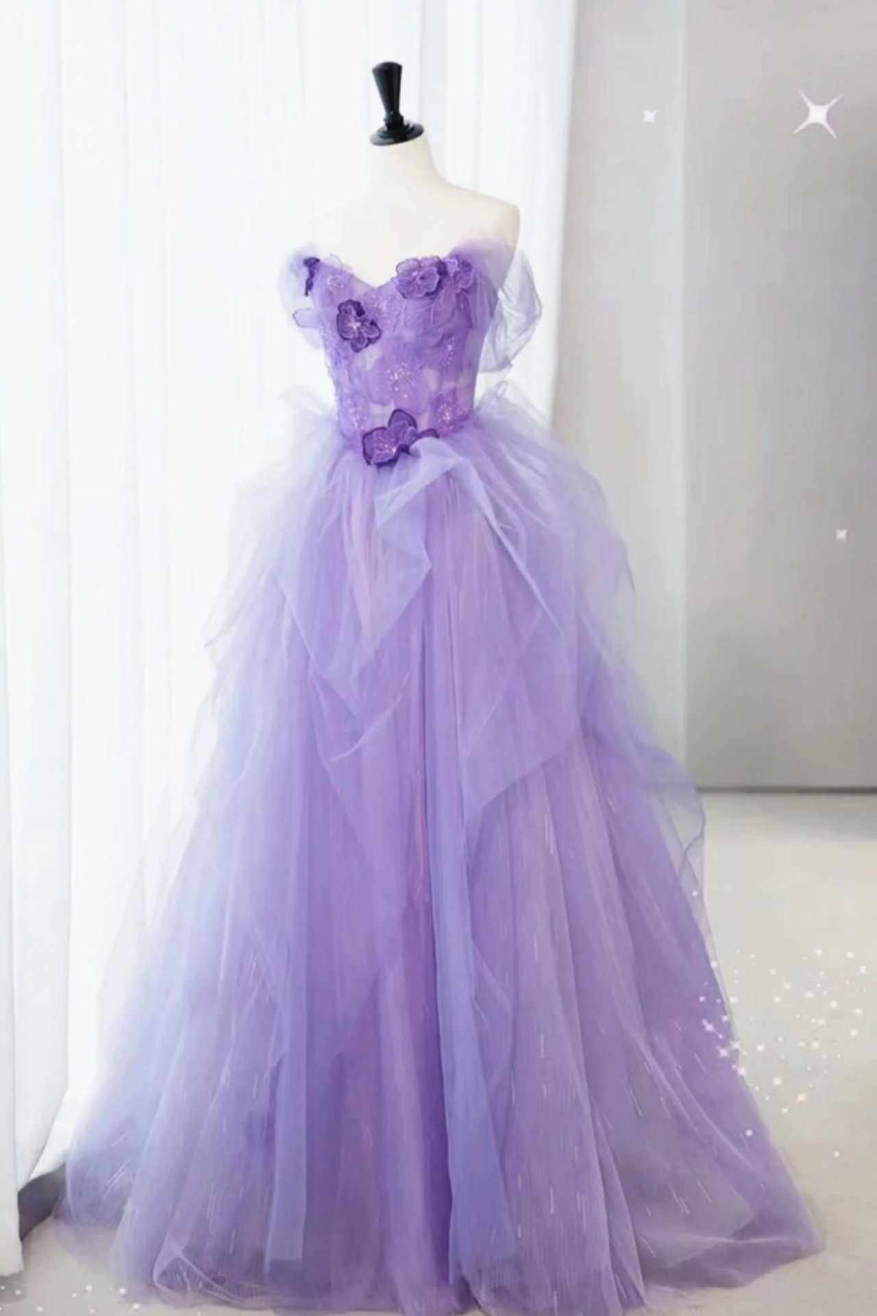 Purple Lace Floral Tulle Long Prom Dresses, Purple Tulle Long Lace ...