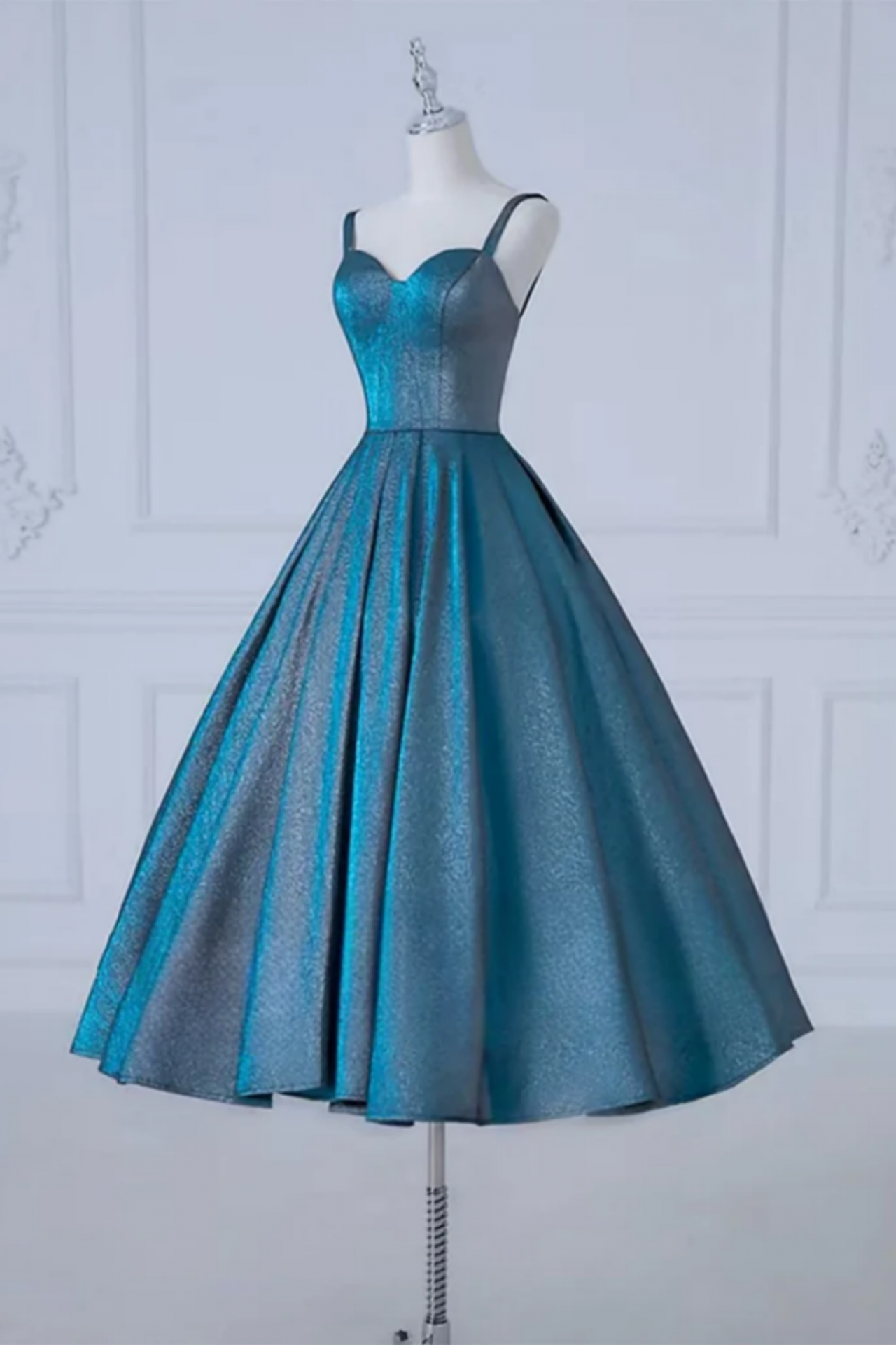A Line Sweetheart Neck Satin Tea Length Blue Prom Dress, Blue Formal ...