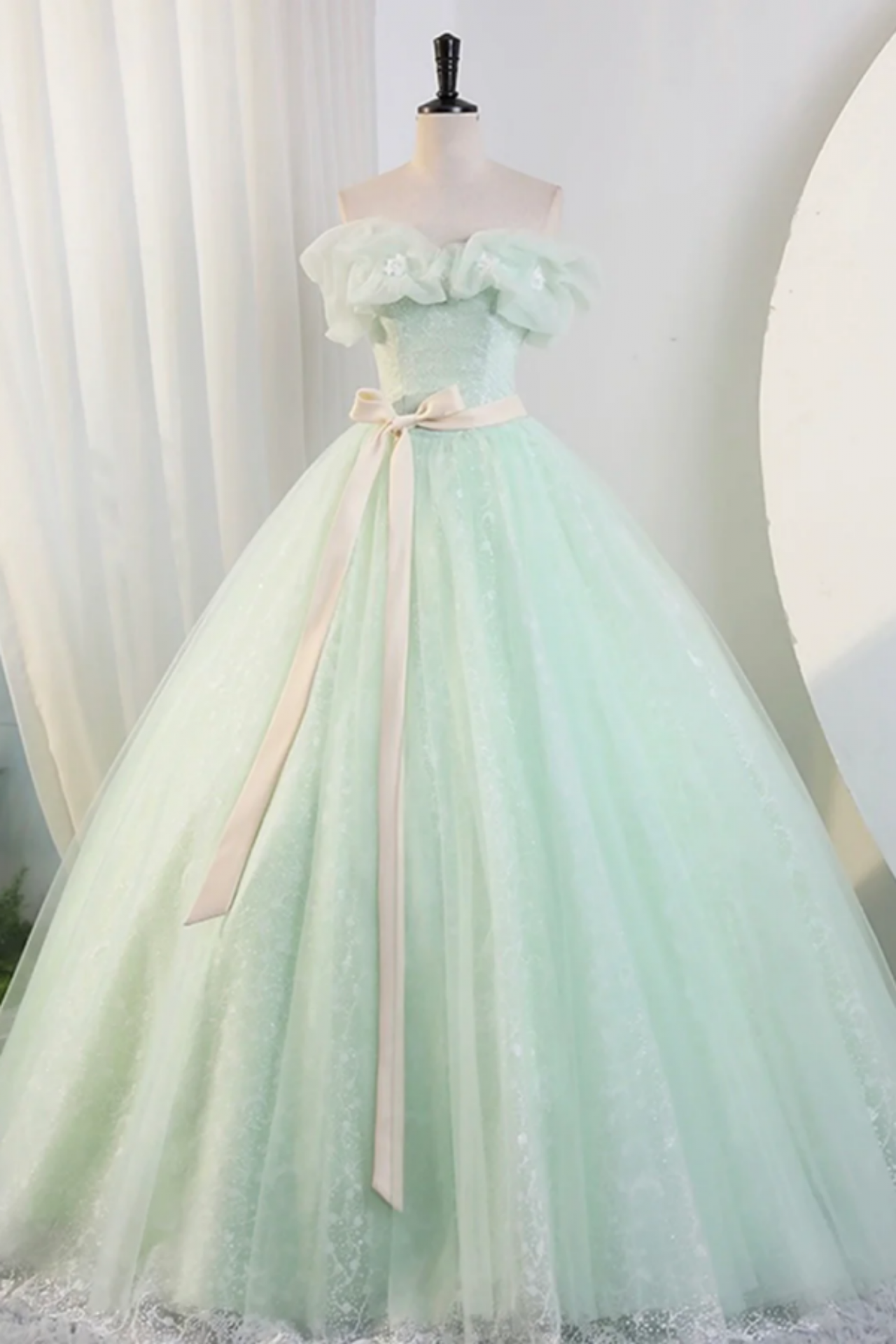 Beautiful Sage Green Tulle Floor Length Prom Dresses, A Line Off The ...
