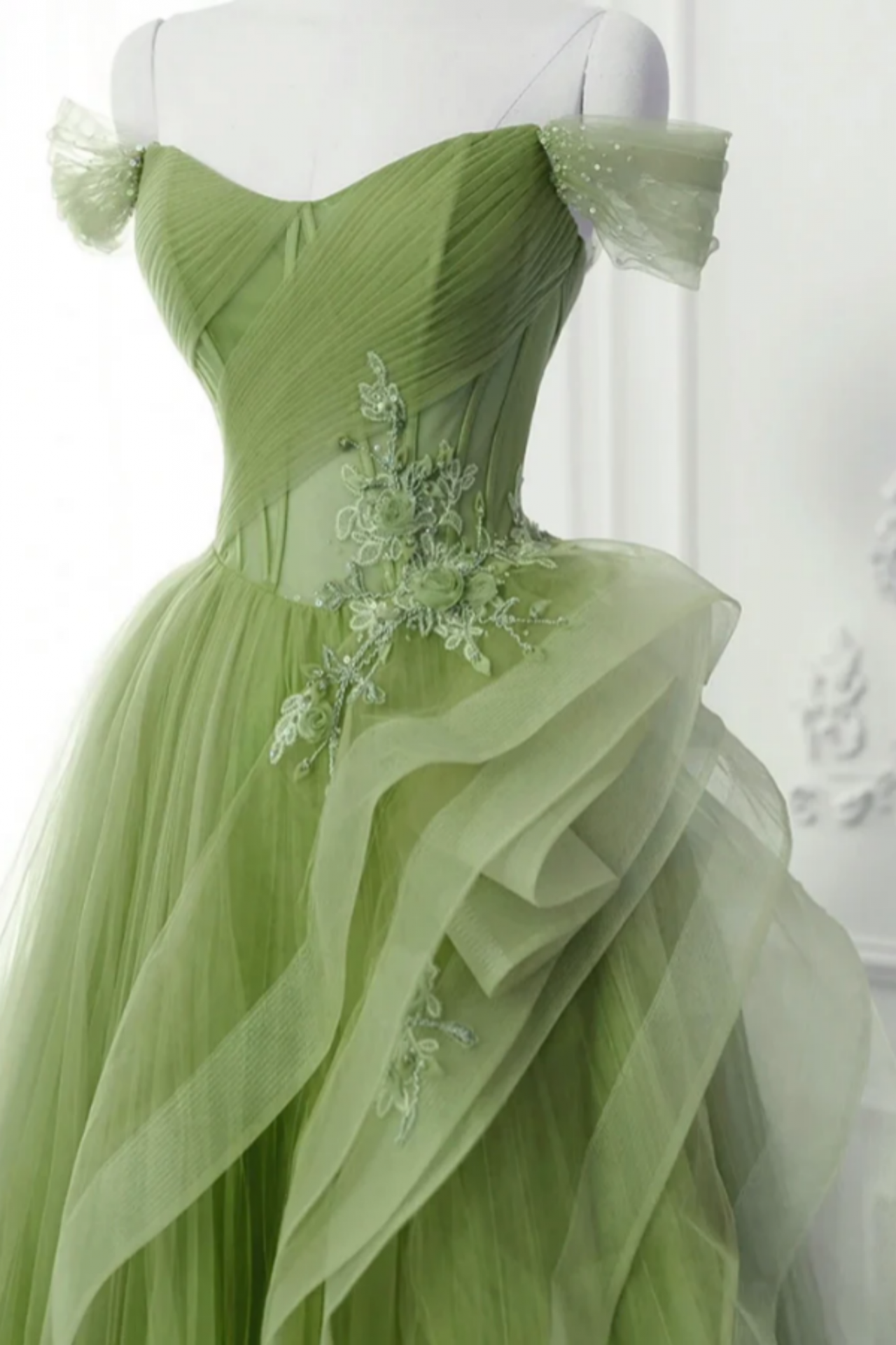 A Line Tulle Lace Green Long Prom Dress, Green Lace Long Formal Dress ...