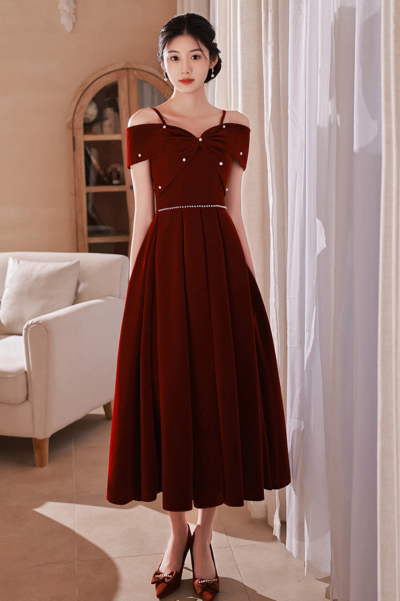 Wine Red Off Shoulder Straps Tea Length Formal Dress, Homecoming Dress ...
