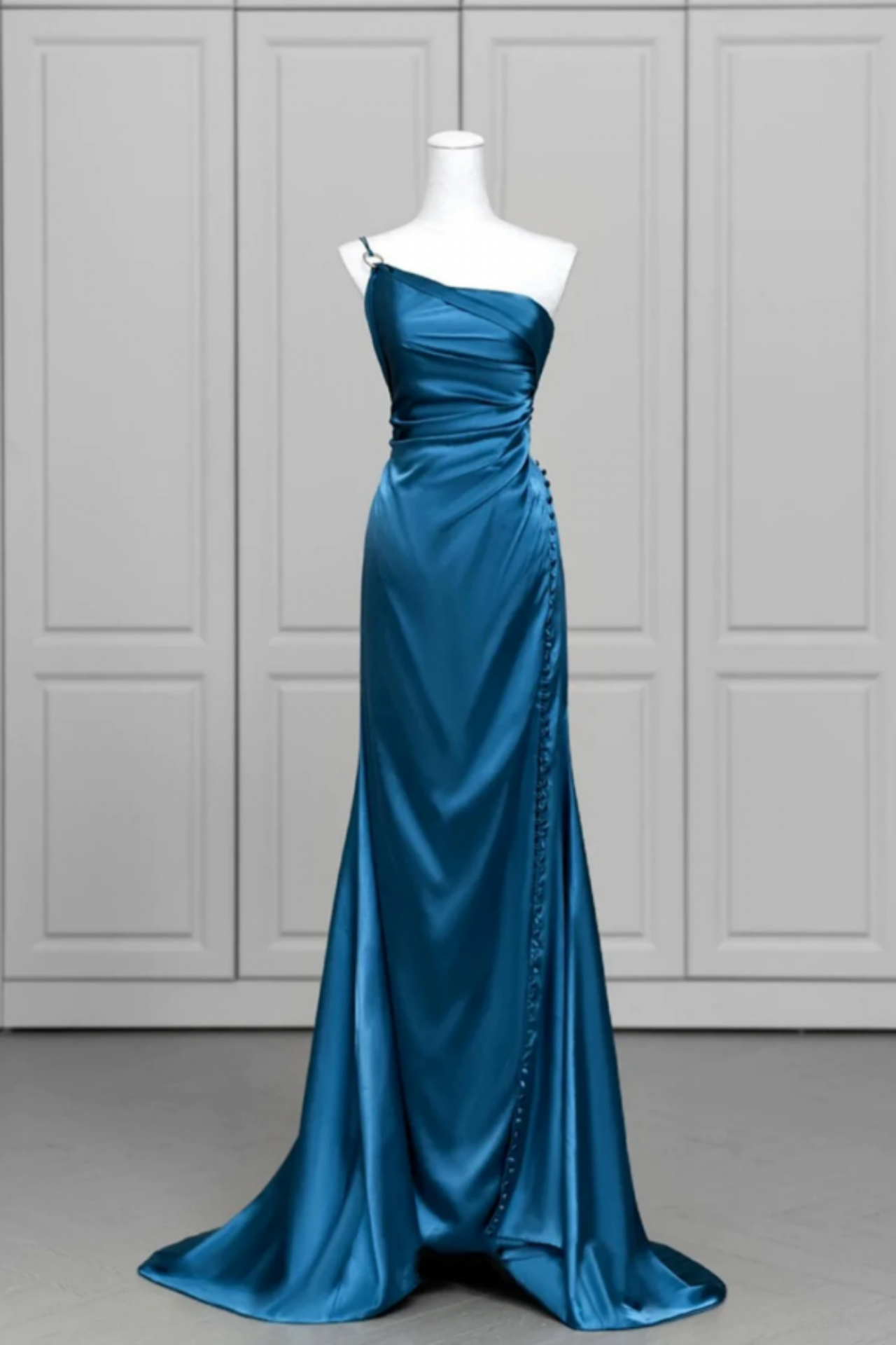 Blue Satin One Shoulder Long Party Dress With Leg Slit, Blue Satin ...