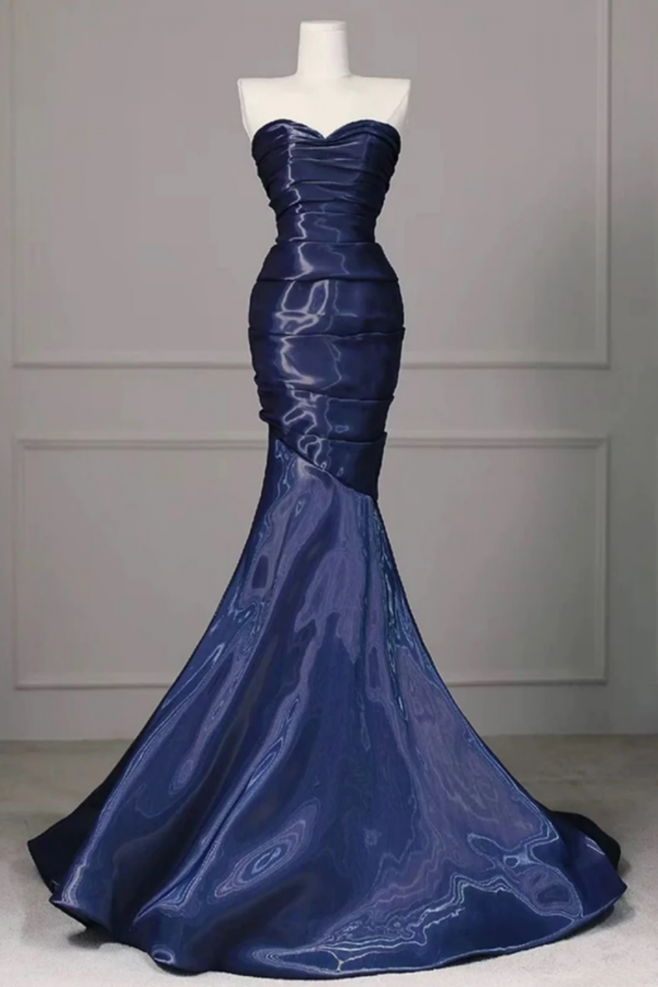 Navy Blue Mermaid Strapless Long Evening Dress, Navy Blue Satin Prom ...