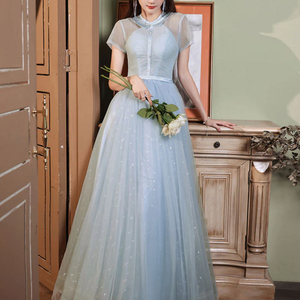 A Line Gray Long Prom Dresses, Tulle Gray Formal Graduation Dress With ...