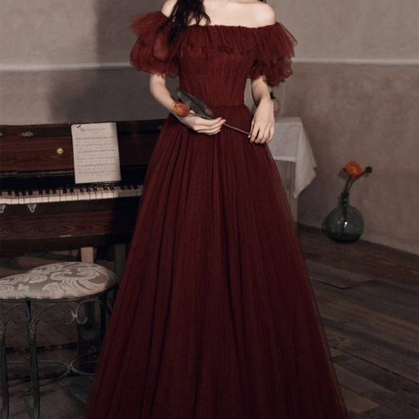 Burgundy Mermaid Sweep Train Long Prom Dress, Off Shoulder Satin ...