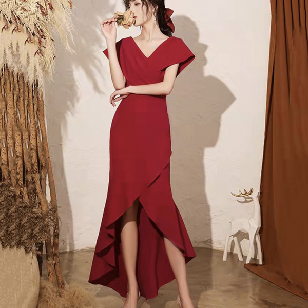 Burgundy V-neck High Low Prom Dress Party Dress on Luulla