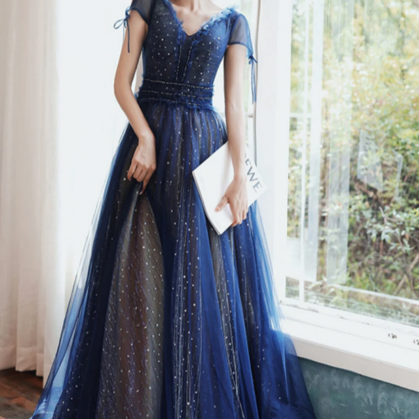 Navy Blue V Neckline Tulle Long Party Dress, Navy Blue Prom Dress on Luulla