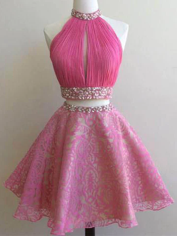 Two Pieces A-line High Neck Short/mini Prom Dress Lace Prom Dresses ...