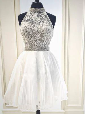 White Homecoming Dress With Lace And Beading High Neck Short Prom Dress ...
